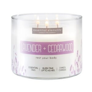 essential elements by candle-lite scented candles, lavender & cedarwood fragrance, one 14.75 oz. three-wick aromatherapy candle with 45 hours of burn time, off-white color