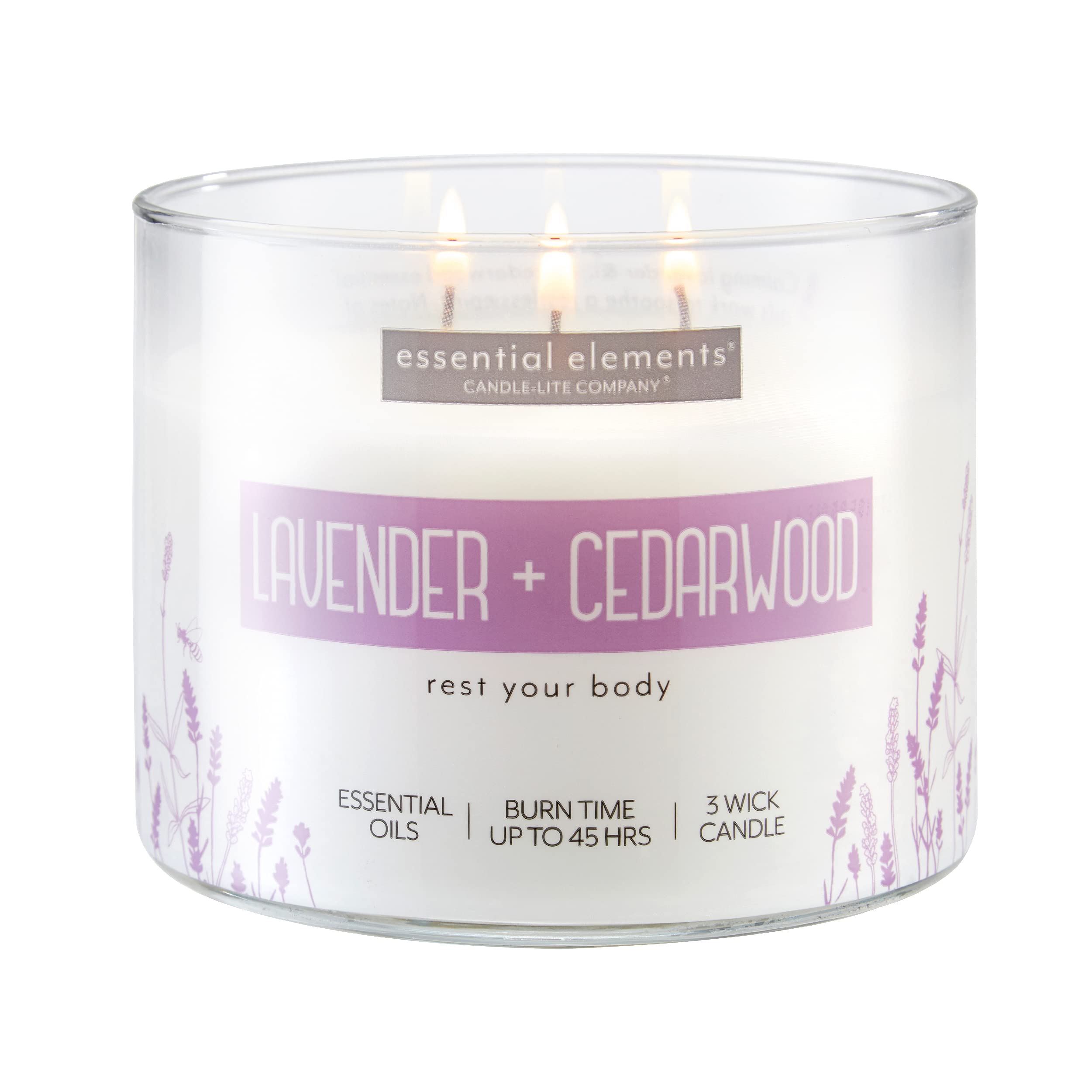 Essential Elements by Candle-lite Scented Candles, Lavender & Cedarwood Fragrance, One 14.75 oz. Three-Wick Aromatherapy Candle with 45 Hours of Burn Time, Off-White Color