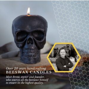 Big Dipper Wax Works Black Skull Candle, 40-Hour Long Burn, Pure Beeswax Sculpted Candle, 3.5” x 3.75”, Spooky Candle