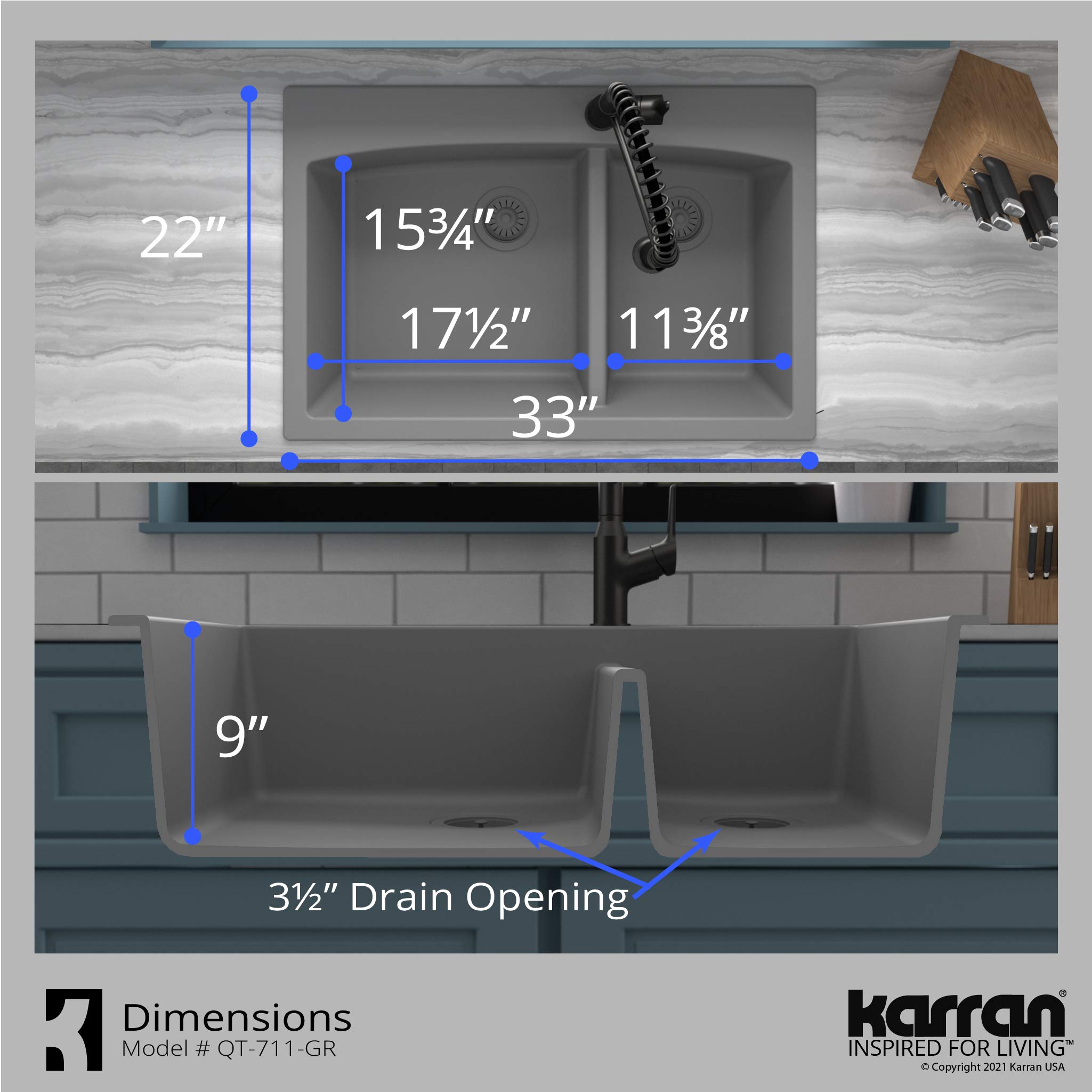 Karran QT-711 Drop-In Quartz Composite 33 in. 1-Hole 60/40 Double Bowl Kitchen Sink in Grey