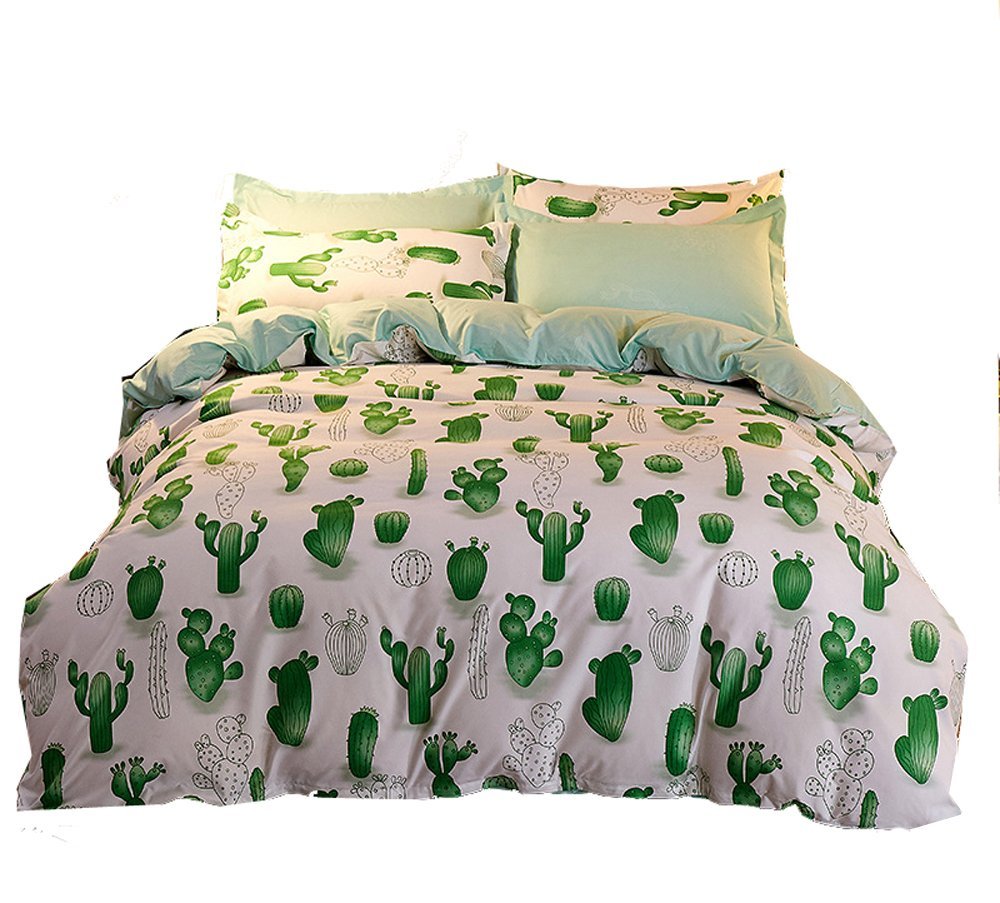 Pangzi Simple Cactus Bedding Set Duvet Cover Set Green White Color 1 Duvet Cover+1 Pillowcase (Twin, Green)