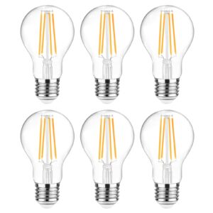 ascher 60 watt equivalent, e26 led filament light bulbs, warm white 2700k, non-dimmable, classic clear glass, a19 led light bulb with 80+ cri, 6-pack