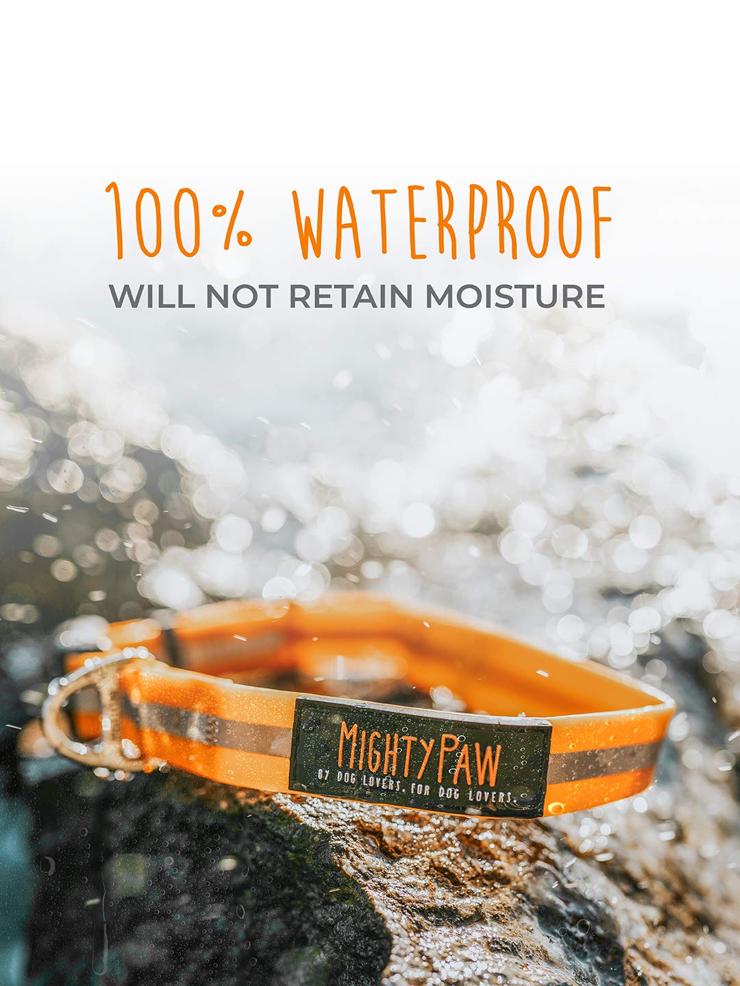 Mighty Paw Waterproof Dog Collar - Smell-Proof Active Gear - Reflective Stripe Coated Nylon Webbing - Dog Swim Collar - Smell Resistant Dog Collar - Dog Collar for All Dog Breeds - (Orange, Medium)