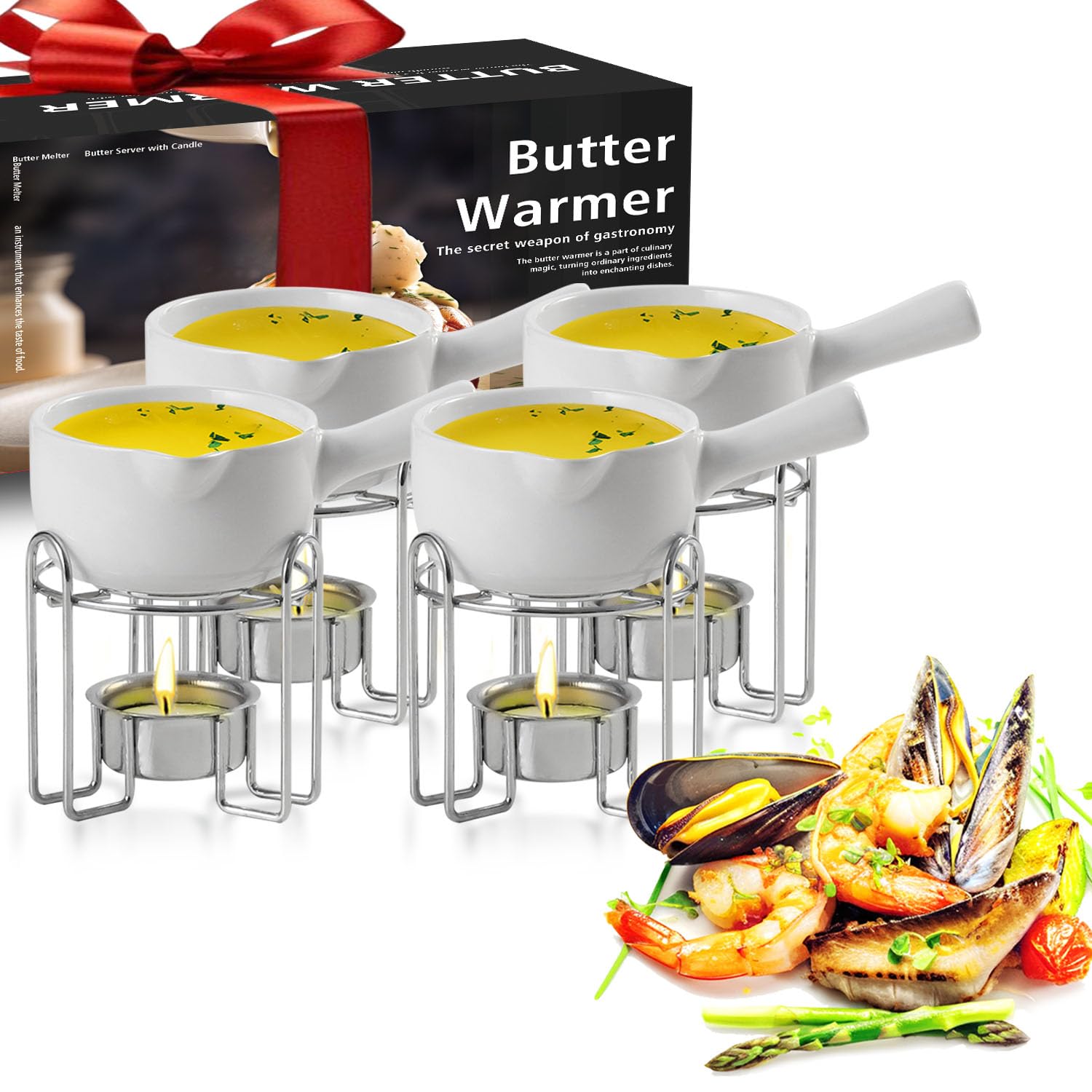 Artestia Butter Warmer for Seafood Set of 4, Ceramic Lobster Butter Warmers with 4 Pieces Tealight Candles for Melting Butter, Chocolate, with Handle, Dishwasher Safe, White