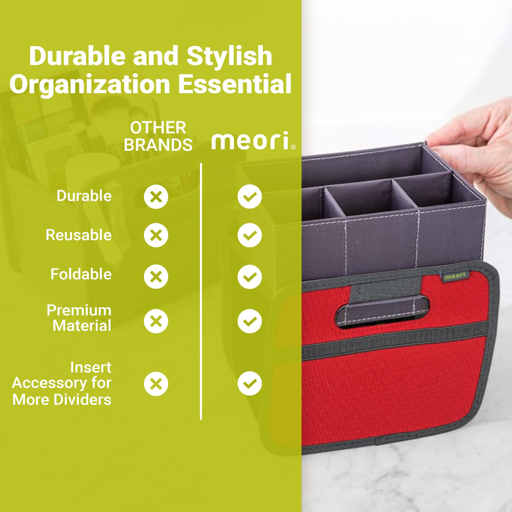 meori Mini Storage Box + Divider Insert Accessory, Collapsible Organizer Bin, Fabric Storage Cube, Reusable Gift Box