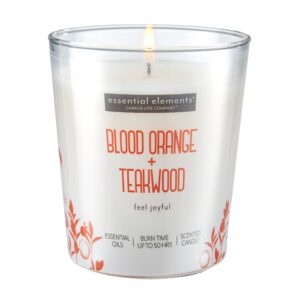 essential elements by candle-lite scented candles blood orange & teakwood fragrance, one 9 oz. single-wick aromatherapy candle with 50 hours of burn time, off-white color