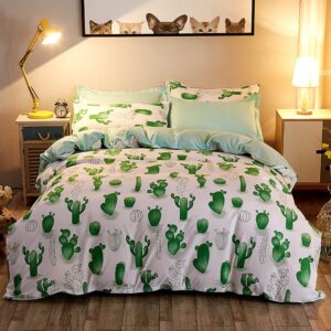 Pangzi Simple Cactus Bedding Set Duvet Cover Set Green White Color 1 Duvet Cover+2 Pillowcases (Full, Green)