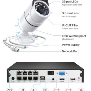 ZOSI 8CH 4K PoE Home Security Camera System, 8 Ports 16CH 8MP NVR with 2TB HDD, 4pcs 5MP Outdoor PoE IP Cameras, 120ft Night Vision, Motion Detection, Remote Access, for 24/7 Recording