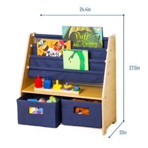 Wildkin Kids Canvas Sling Bookshelf with Storage for Boys and Girls, Wooden Design Features Four Shelves and Two Drawers, Helps Keep Bedrooms, Playrooms, and Classrooms Organized (Natural with Blue)