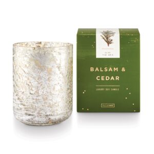 illume noble holiday collection balsam & cedar small luxe box sanded mercury glass candle, 9 oz