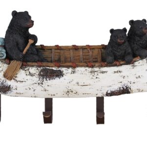 Old River Outdoors Black Bear and Cubs Paddling a Canoe Decor - 4 Peg Decorative Wall Mount Hook