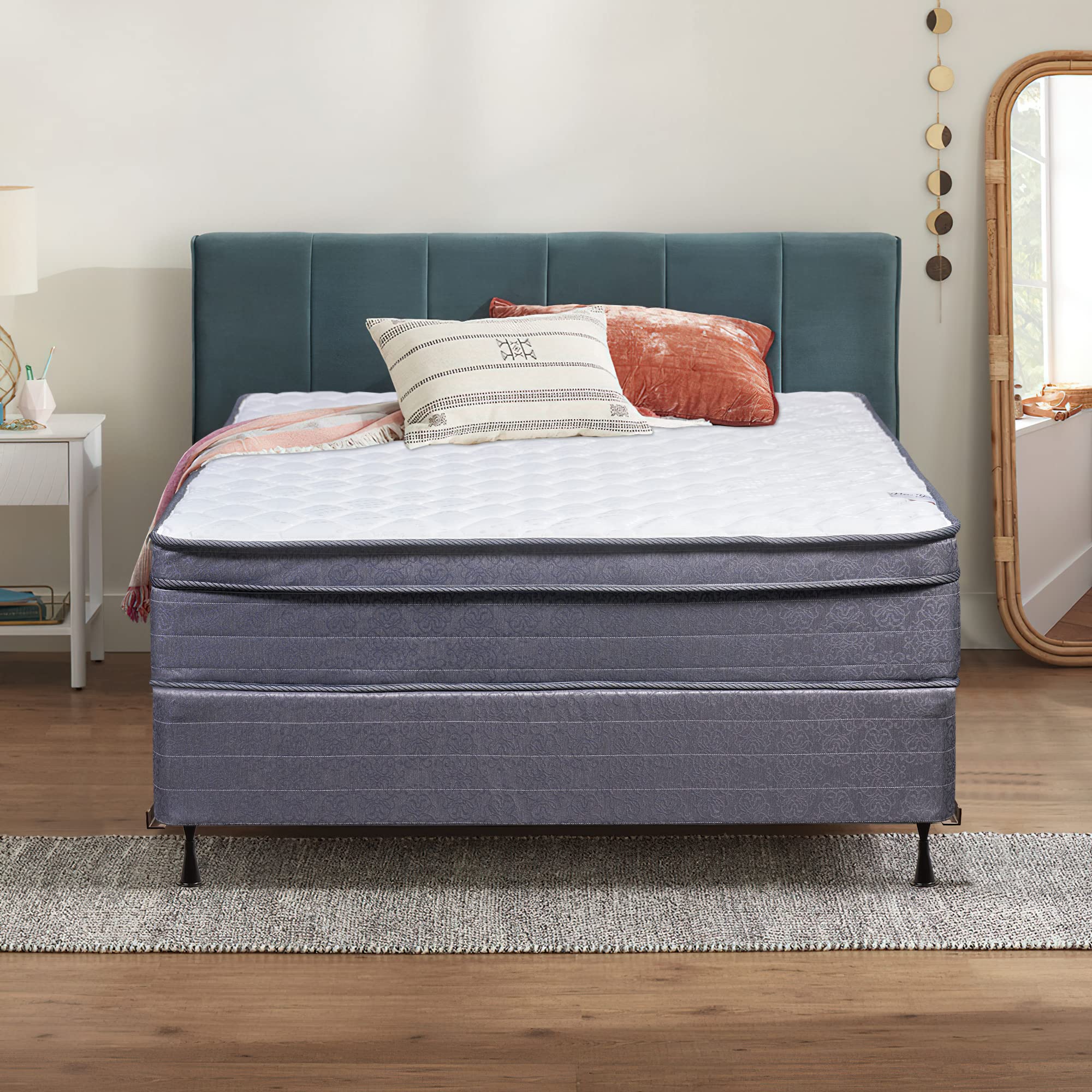 Greaton Plush Foam Encased Hybrid Eurotop Innerspring Mattress and 4" Wood Low Profile Split Boxspring/Foundation Set, with Frame, Full XL, Size