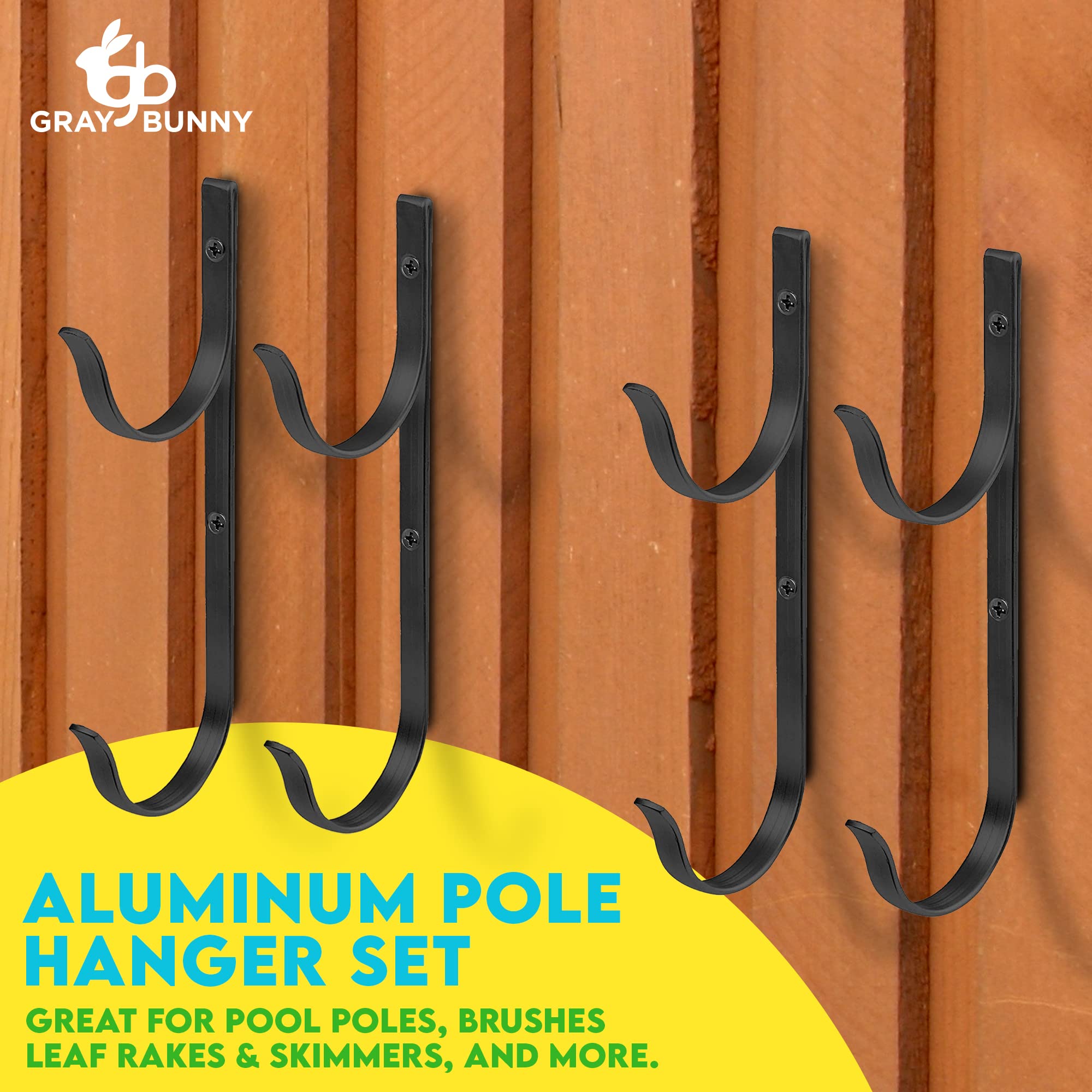 Gray Bunny Pool Pole Hanger, 4 Piece Black Premium Aluminum Swimming Pool Accessories Hook Set, for Telescopic Poles, Skimmers, Leaf Rakes, Nets, Brushes, Vacuum Hose, Garden Tools