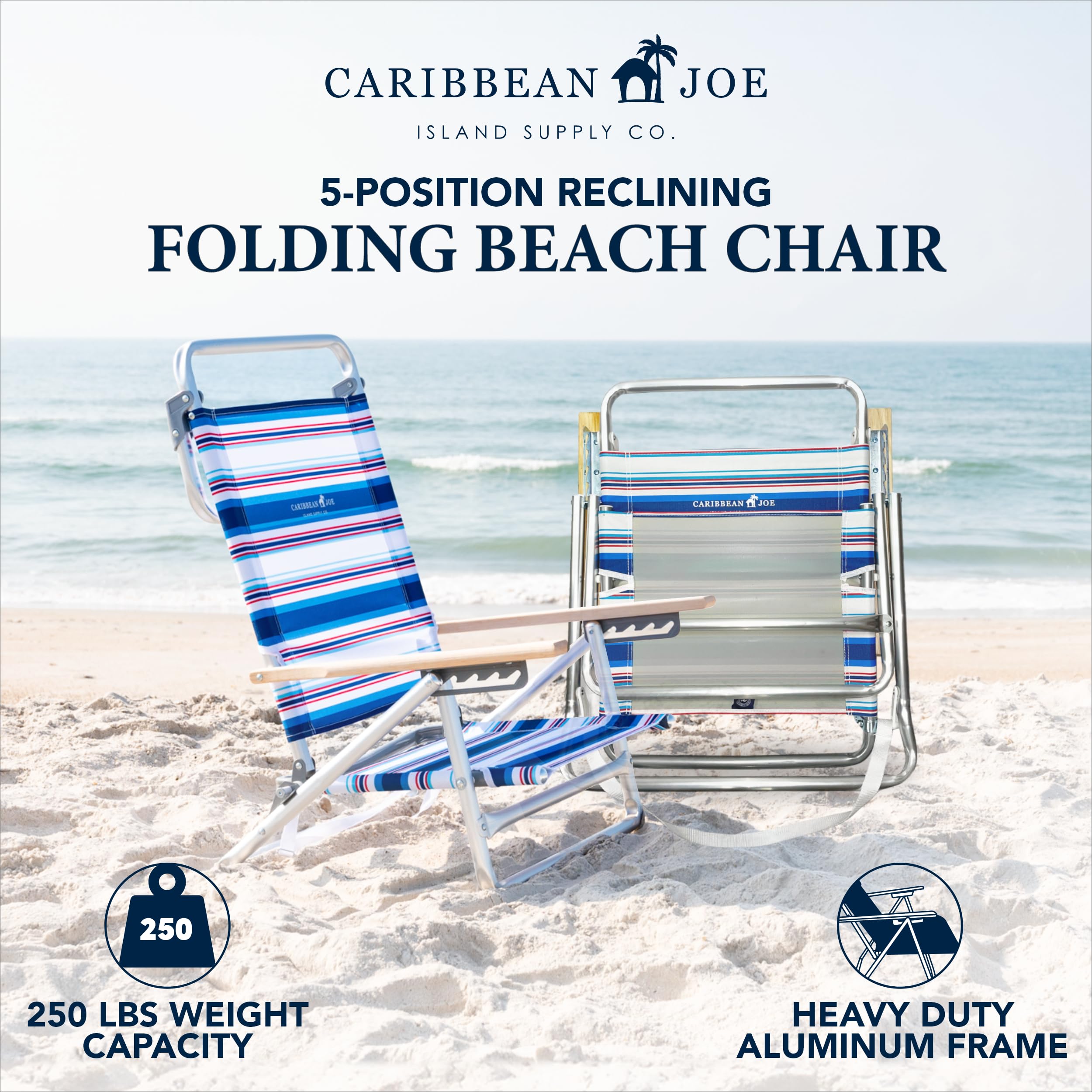 Caribbean Joe Folding Beach Chair, 5 Position Lightweight and Portable Reclining Outdoor Camping Chair with Wooden Armrests and Carry Strap, Red, White and Blue Stripe