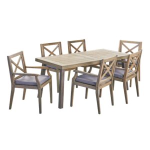 christopher knight home justin outdoor 7 piece acacia wood dining set, teak, gray finish/rustic metal/dark gray