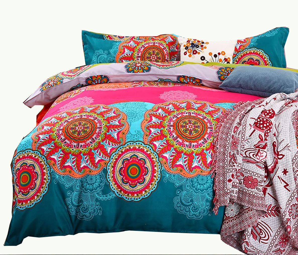 Pangzi Bohemian Duvet Cover Set Lightweight Microfiber Bedding Set Boho Floral Print Comforter Cover with Zipper Closure (Queen)