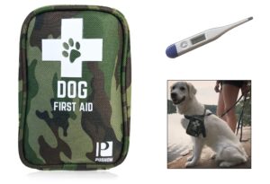 dog first aid kit with thermometer and emergency blanket - puppy kit - pet safety supplies for camping, walks, cycling, car, hikes - treat cuts and scrapes