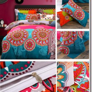 Pangzi Bohemian Duvet Cover Set Lightweight Microfiber Bedding Set Boho Floral Print Comforter Cover with Zipper Closure (Queen)