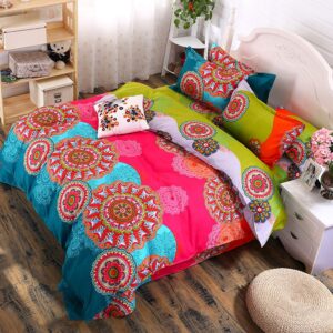 Pangzi Bohemian Duvet Cover Set Lightweight Microfiber Bedding Set Boho Floral Print Comforter Cover with Zipper Closure (Queen)