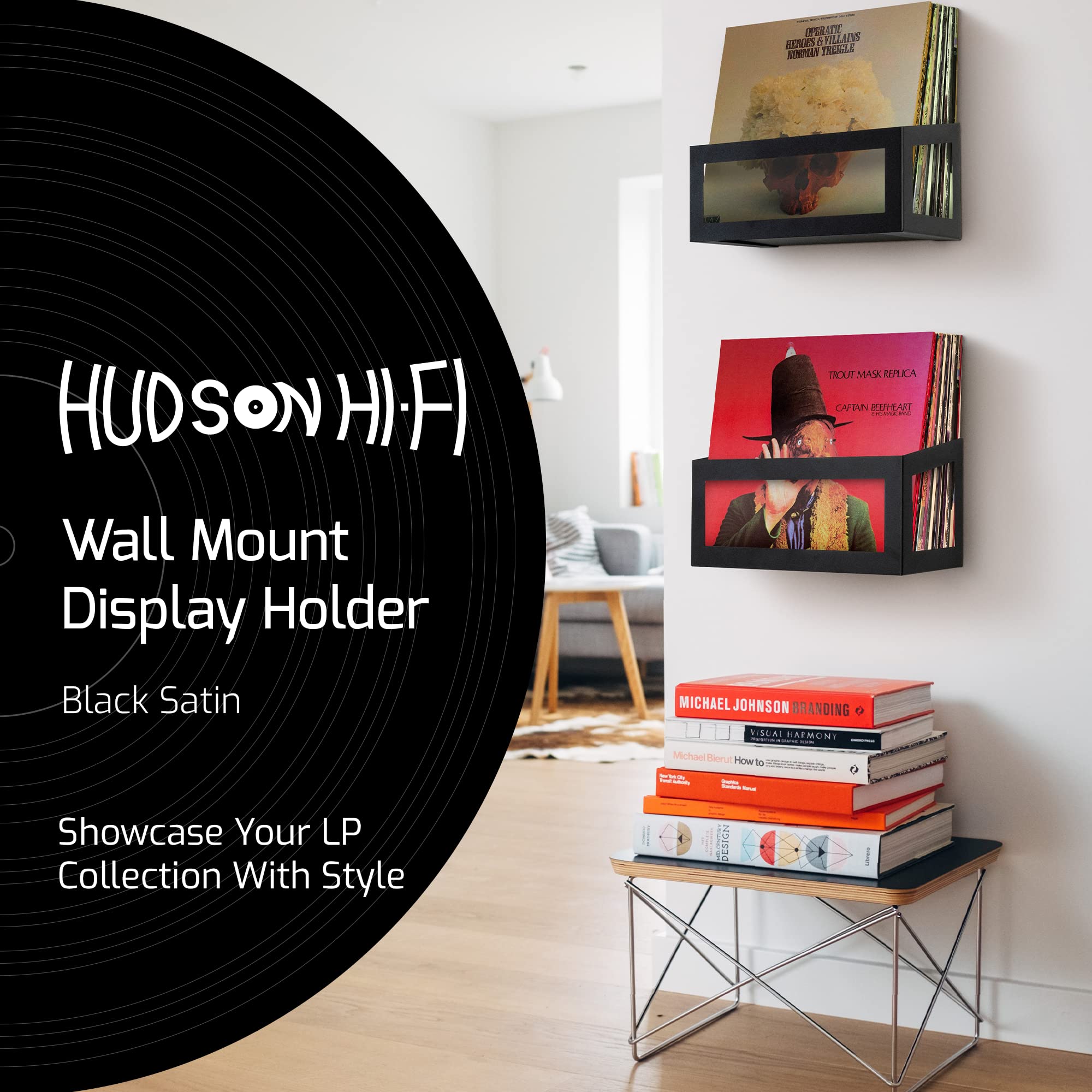 Hudson Hi-Fi Vinyl Display Holder - 2 Pack Record Display Shelf - Solid Steel Vinyl Wall Mount & Record Display, Quick Access Vinyl Record Wall Mount - Vinyl Record Shelf, Fits 25 LPs, Black Satin