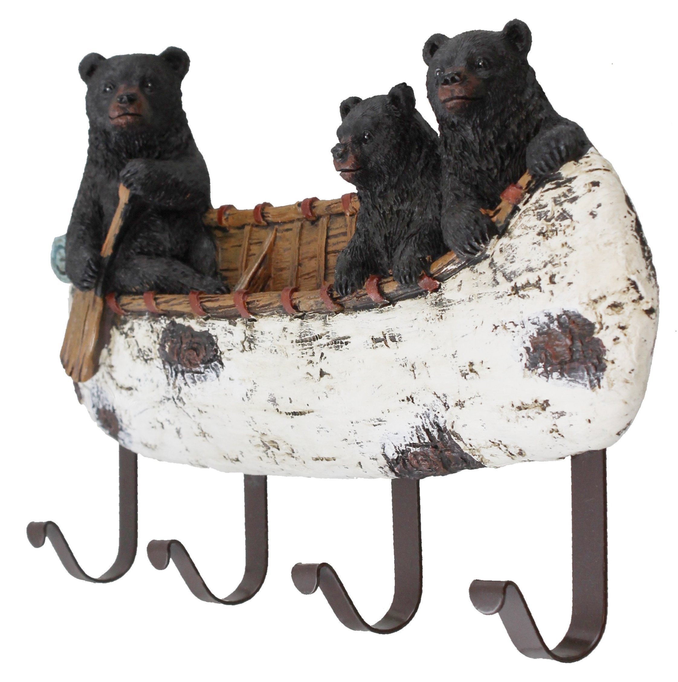 Old River Outdoors Black Bear and Cubs Paddling a Canoe Decor - 4 Peg Decorative Wall Mount Hook