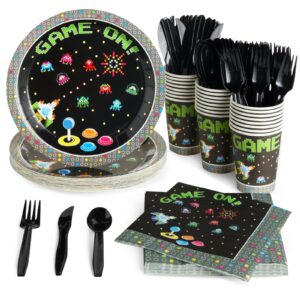 juvale 144-piece retro video game party supplies - includes plates, napkins, cups, and cutlery for arcade birthday party decorations (serves 24)