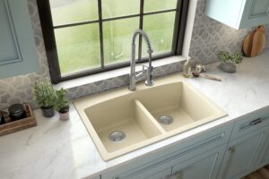 karran qt-710 drop-in quartz composite 33 in. 1-hole 50/50 double bowl kitchen sink in bisque