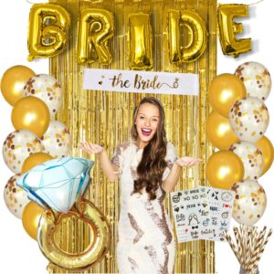 party2you bachelorette party gold decorations | bridal shower supplies kit - bride sash, xl ring balloon, gold curtain, bride, latex balloons, eco friendly gold straws