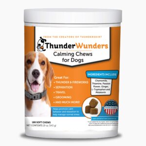 thunderwunders dog calming chews | thiamine, l-tryptophan, melatonin and ginger | can help relieve stress from separation, storms, fireworks & travel (180 count)