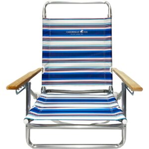 caribbean joe folding beach chair, 5 position lightweight and portable reclining outdoor camping chair with wooden armrests and carry strap, red, white and blue stripe