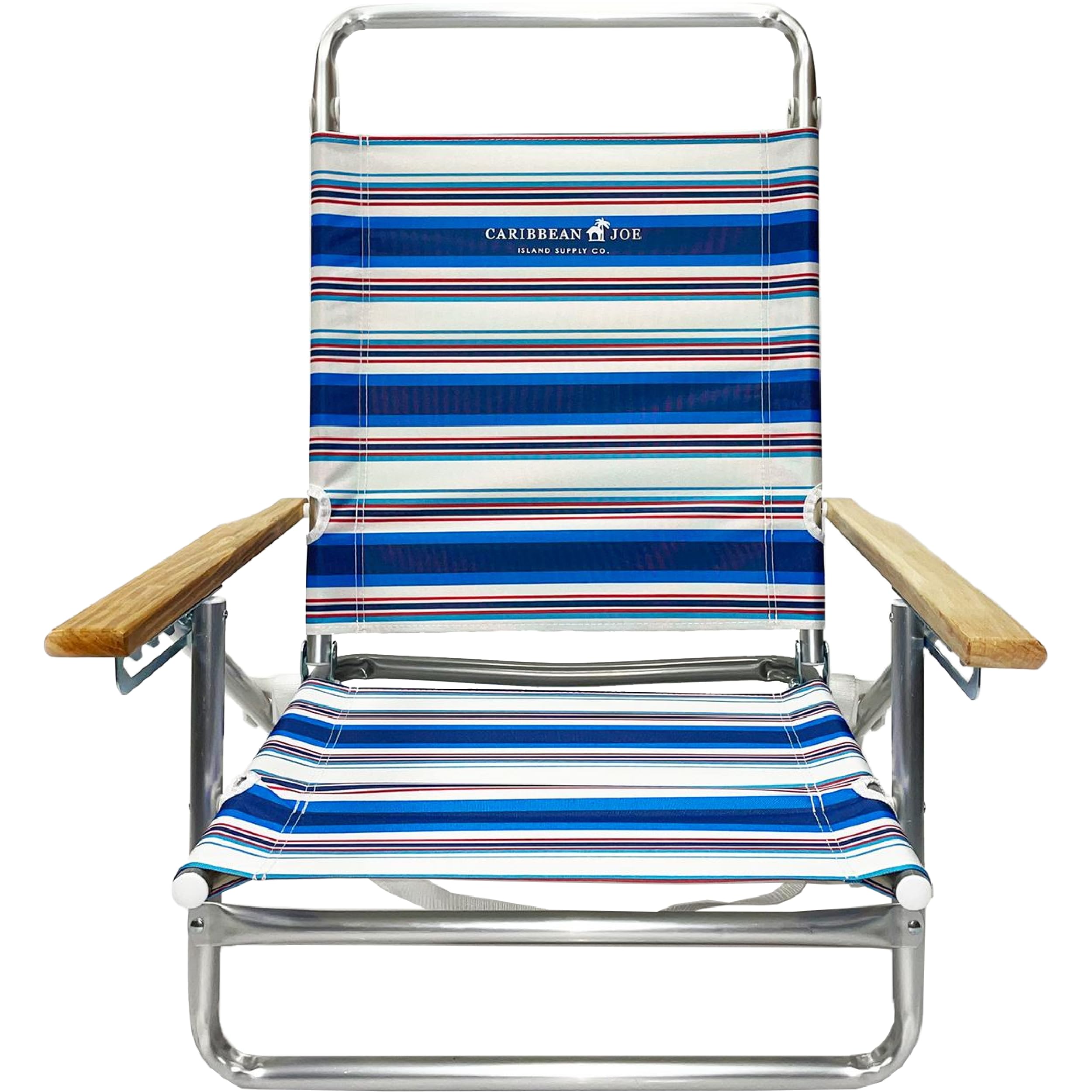 Caribbean Joe Folding Beach Chair, 5 Position Lightweight and Portable Reclining Outdoor Camping Chair with Wooden Armrests and Carry Strap, Red, White and Blue Stripe