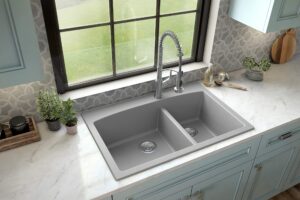 karran qt-711 drop-in quartz composite 33 in. 1-hole 60/40 double bowl kitchen sink in grey