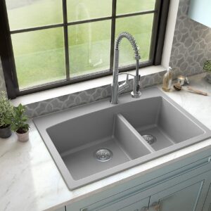 Karran QT-711 Drop-In Quartz Composite 33 in. 1-Hole 60/40 Double Bowl Kitchen Sink in Grey