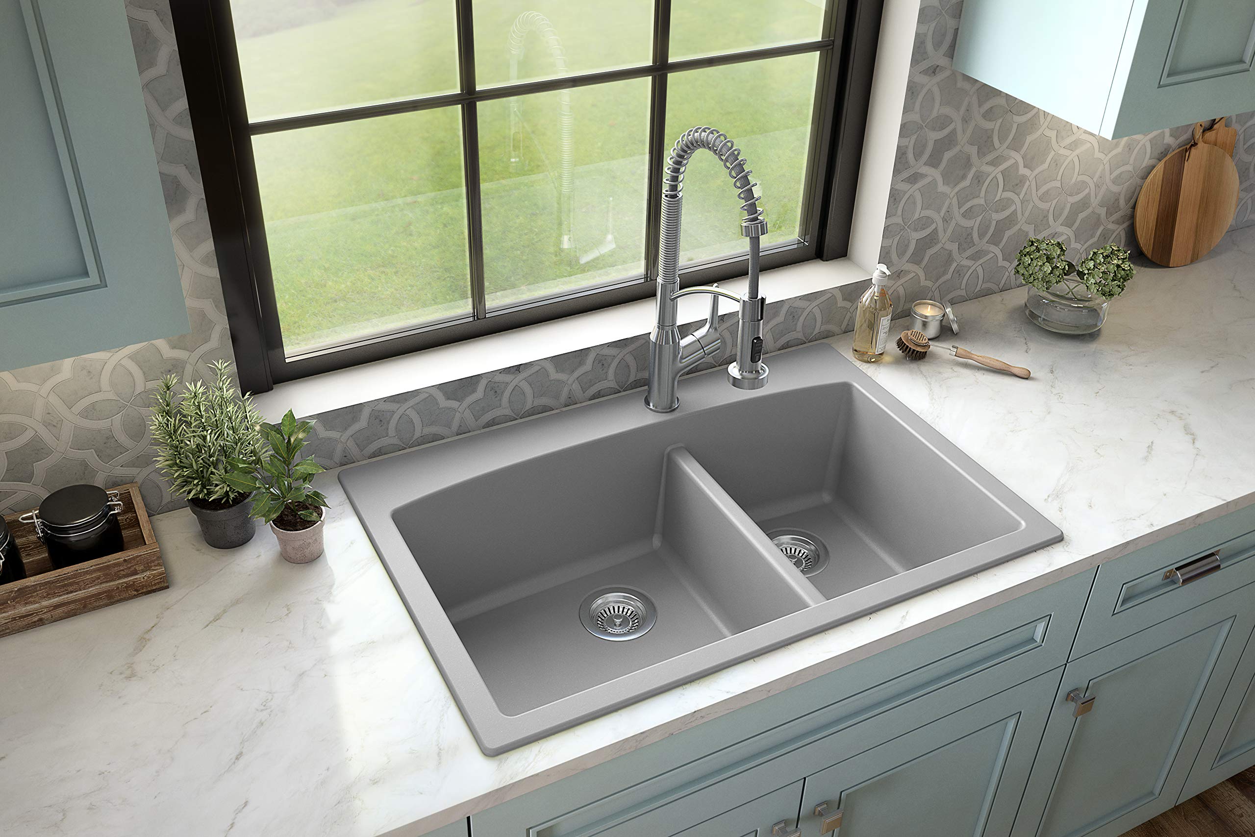 Karran QT-711 Drop-In Quartz Composite 33 in. 1-Hole 60/40 Double Bowl Kitchen Sink in Grey