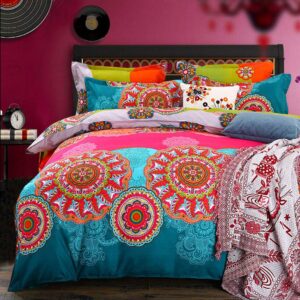 pangzi bohemian duvet cover set lightweight microfiber bedding set boho floral print comforter cover with zipper closure (queen)