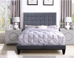 iconic home beethoven bed frame with headboard velvet upholstered button tufted tapered birch legs modern transitional, queen, grey