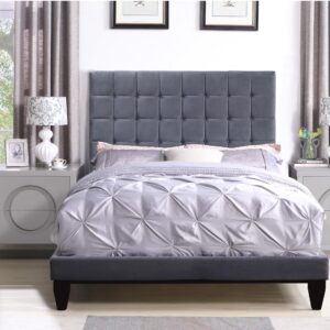 Iconic Home Beethoven Bed Frame with Headboard Velvet Upholstered Button Tufted Tapered Birch Legs Modern Transitional, Queen, Grey