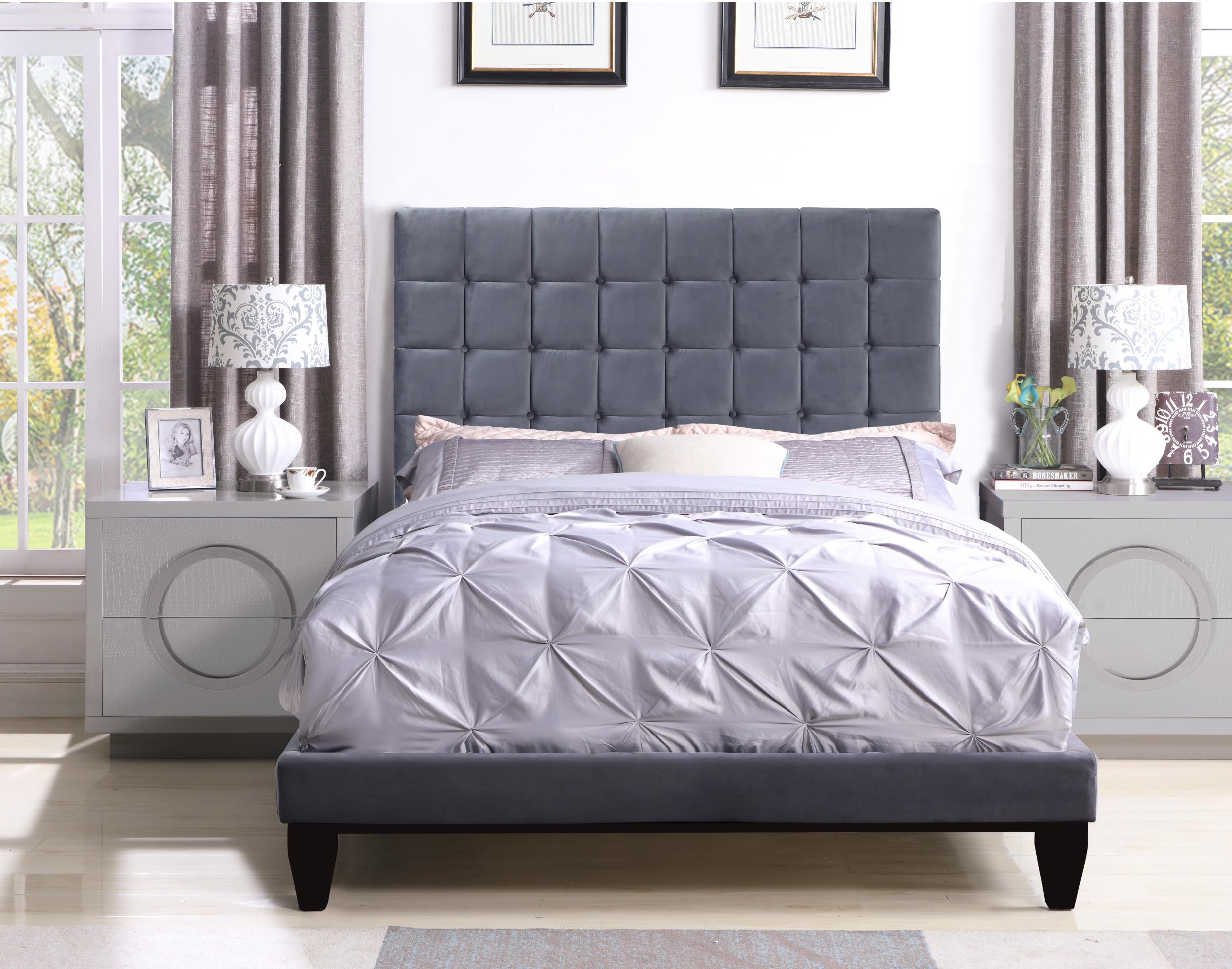 Iconic Home Beethoven Bed Frame with Headboard Velvet Upholstered Button Tufted Tapered Birch Legs Modern Transitional, Queen, Grey