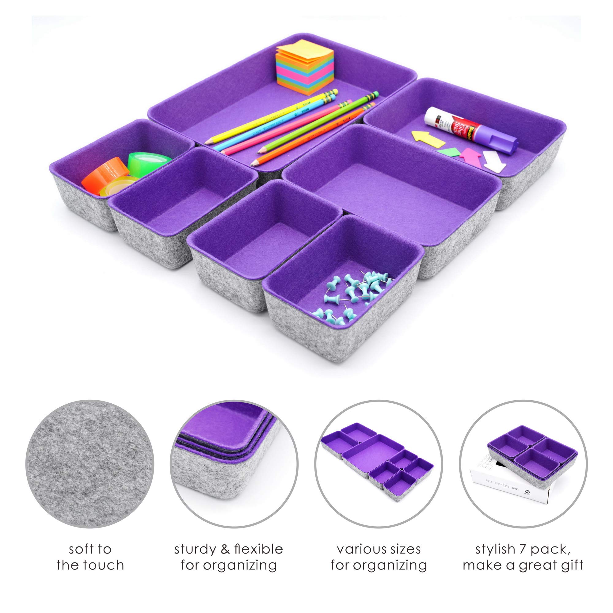 WELAXY Drawer organizers bins felt storage bin office organizer Shallow Small Desk organizer trays Draw dividers 7-pack (Violet)