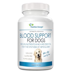 nutrition strength blood support for dogs, supplement for anemia in dogs, promotes red blood cell health, with a high level of iron, vitamin b12, organic spirulina and purpurea, 120 chewable tablets