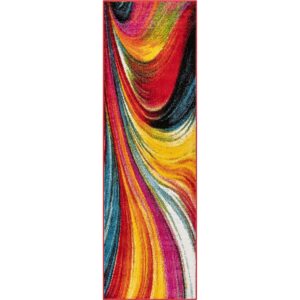 Well Woven Aurora Multi Color Geometric Brush Stroke Area Rug 2x7 (2'3" x 7'3" Runner) Modern Abstract Contemporary Painting Art Swirl Stripe Lines Thick Soft Plush Living Dining Room Nursery