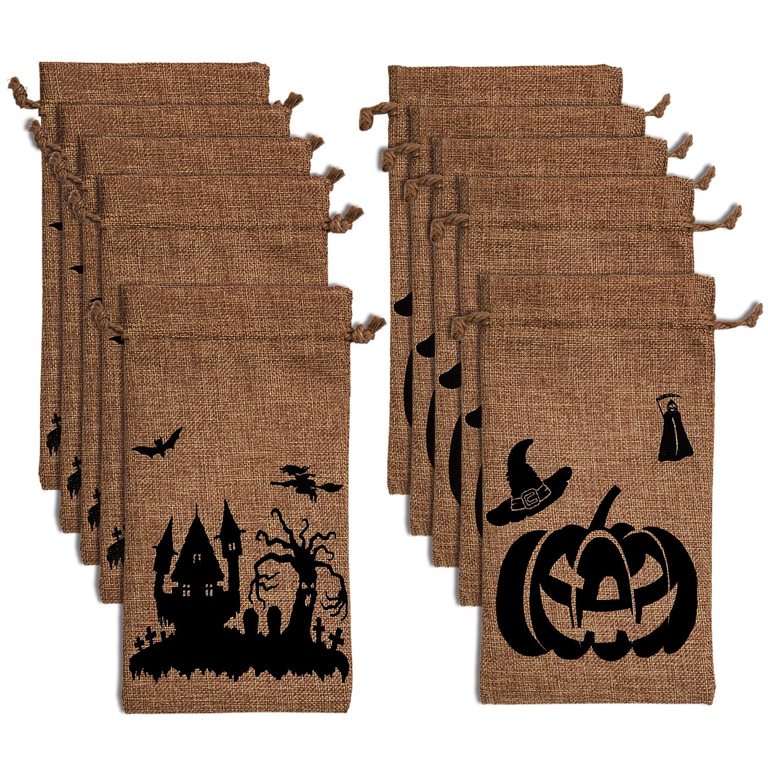 LUTER 9.8" x 5.8" Halloween Burlap Bags Trick or Treat Hessian Bags Drawstring Gift Bags for Party Candy Cookie Goodie Favors(10 Pack)