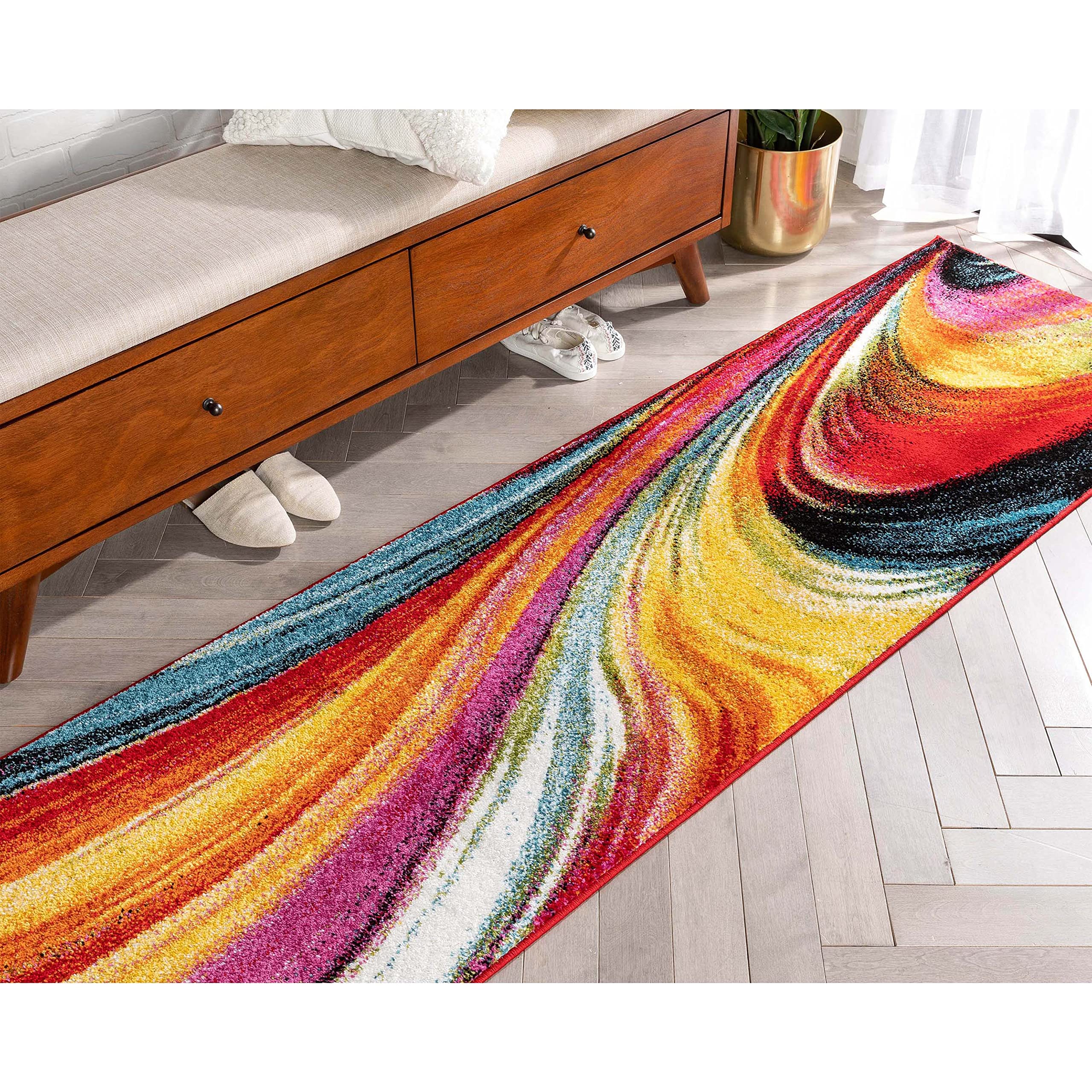 Well Woven Aurora Multi Color Geometric Brush Stroke Area Rug 2x7 (2'3" x 7'3" Runner) Modern Abstract Contemporary Painting Art Swirl Stripe Lines Thick Soft Plush Living Dining Room Nursery