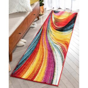 well woven aurora multi color geometric brush stroke area rug 2x7 (2'3" x 7'3" runner) modern abstract contemporary painting art swirl stripe lines thick soft plush living dining room nursery