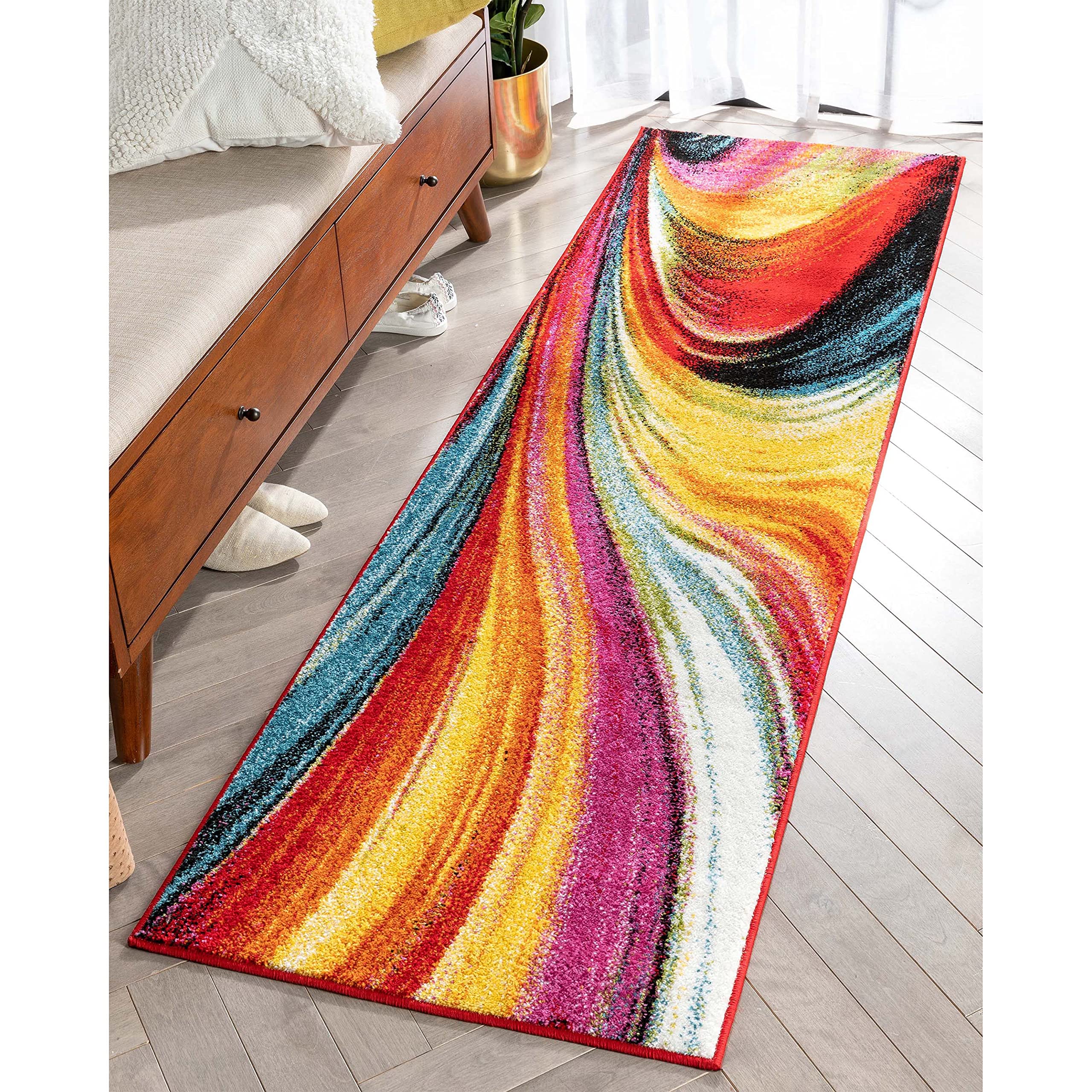 Well Woven Aurora Multi Color Geometric Brush Stroke Area Rug 2x7 (2'3" x 7'3" Runner) Modern Abstract Contemporary Painting Art Swirl Stripe Lines Thick Soft Plush Living Dining Room Nursery