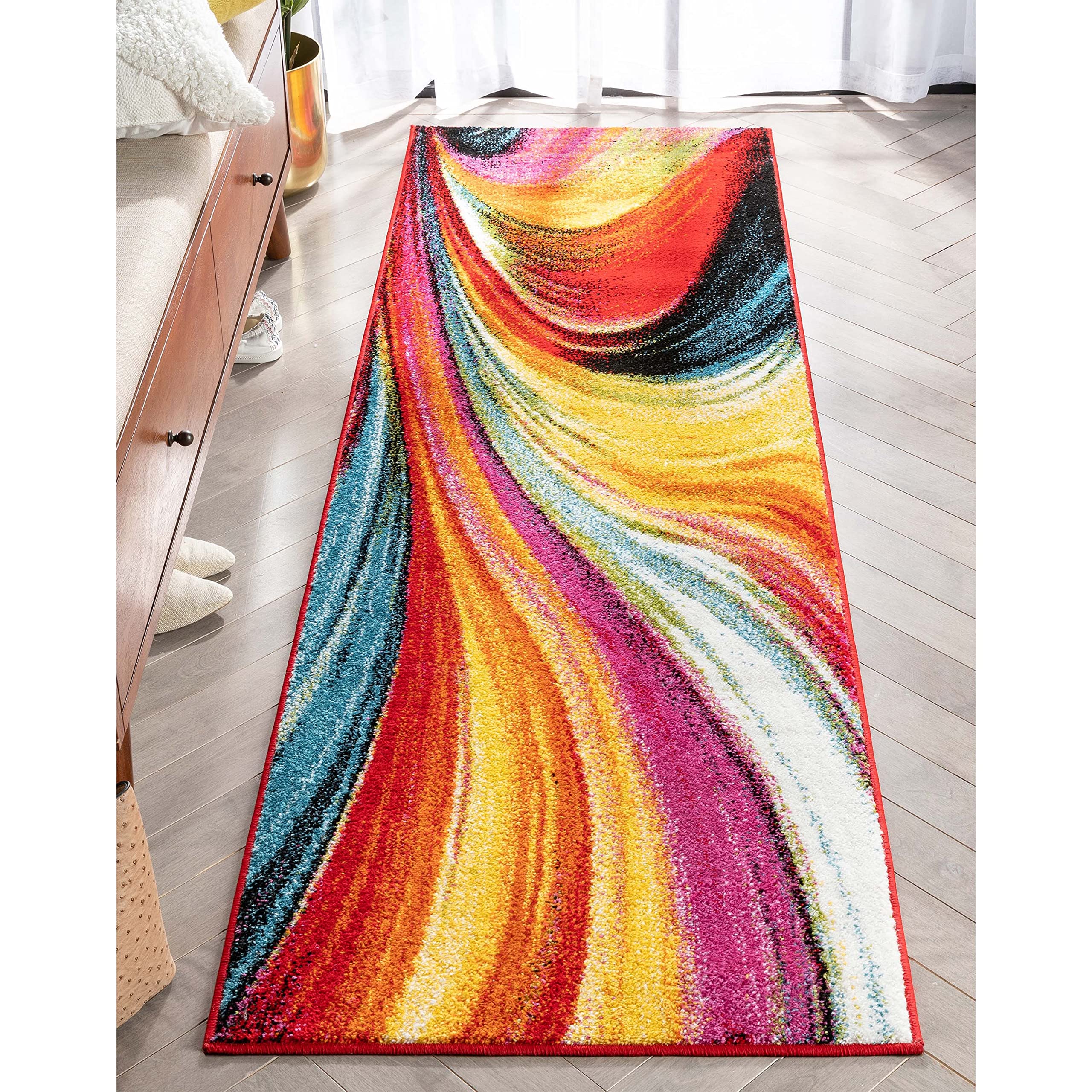 Well Woven Aurora Multi Color Geometric Brush Stroke Area Rug 2x7 (2'3" x 7'3" Runner) Modern Abstract Contemporary Painting Art Swirl Stripe Lines Thick Soft Plush Living Dining Room Nursery