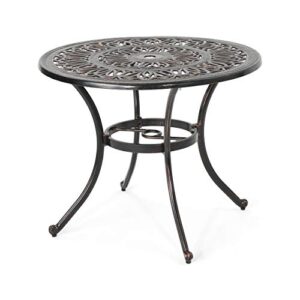 christopher knight home jamie outdoor round cast aluminum dining table, shiny copper