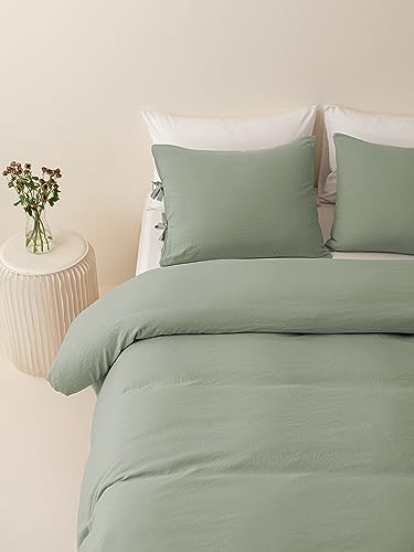 MUKKA Sage Green Duvet Cover Set Queen Size with Bowknot Closure 3 Pieces Washed Microfiber Duvets Set Boho Style for Girl Men Women