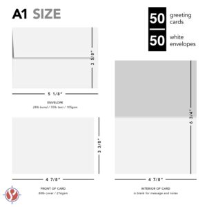 A1 Greeting Cards Set – 4 7/8 x 3 3/8" Blank White Cards and Envelopes – Perfect for Business, Thank You Cards, Wedding Invitations, Bridal Showers, Holidays, Birthdays and All Occasion – Set of 50