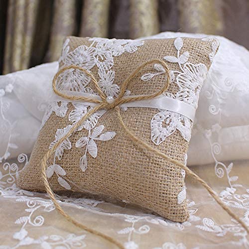 LABJULY Ring Bearer Pillows Lace Bow Flower for Fall Wedding Ceremony with Vintage Rustic Lace Bow Pearl Embroidered Flower Ribbon (6 inch)